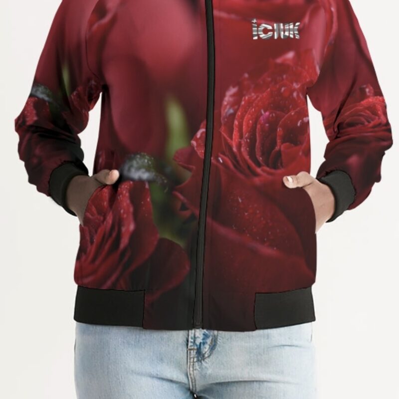Exclusive ICJUK Custom made Women’s Bomber Jacket Red Roses with ICJUK logo