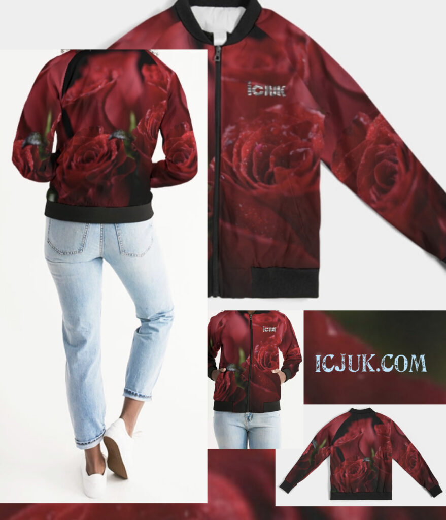 Exclusive ICJUK Custom made Women’s Bomber Jacket Red Roses with ICJUK logo