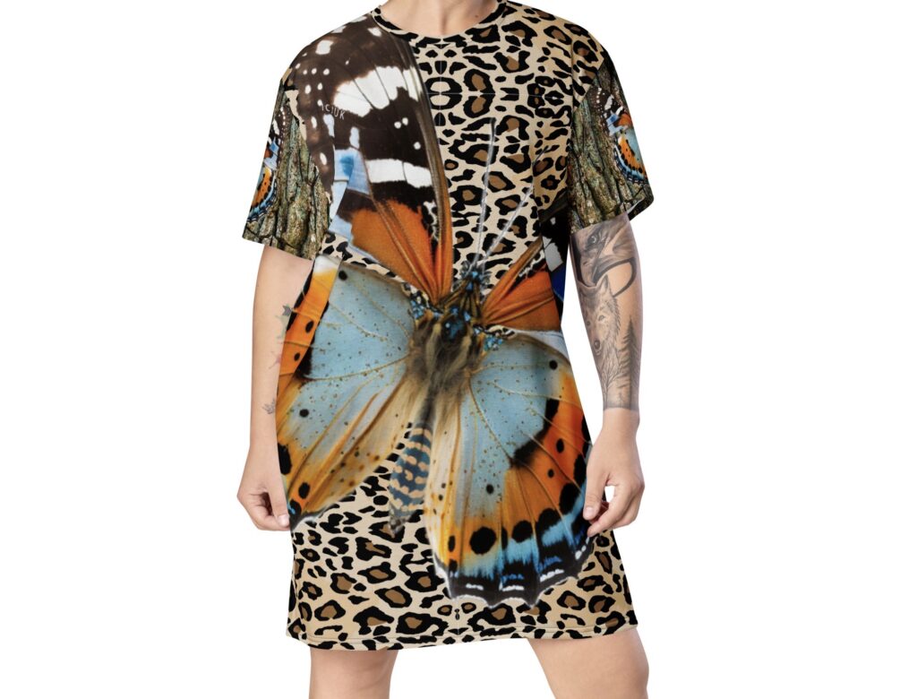 All-Over Print T-Shirt Dress ICJUK Natural Earth Tones Butterfly